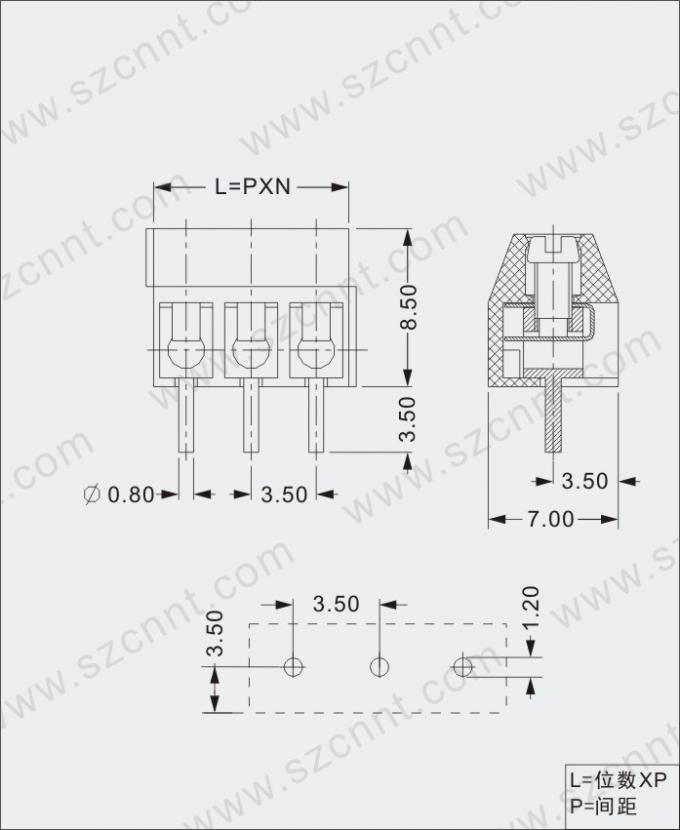3.50mm Pitch PCB Terminal Blocks M2 Screw PA66 Brass Copper Steel 8A 160V